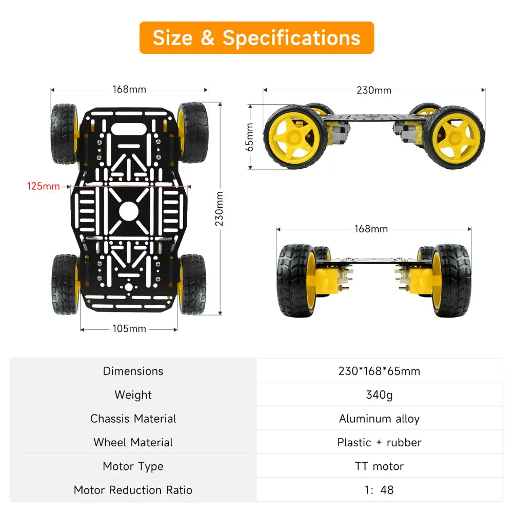 4WD Robot Car Chassis Kit for Arduino Raspberry Pi with Aluminum Alloy ...