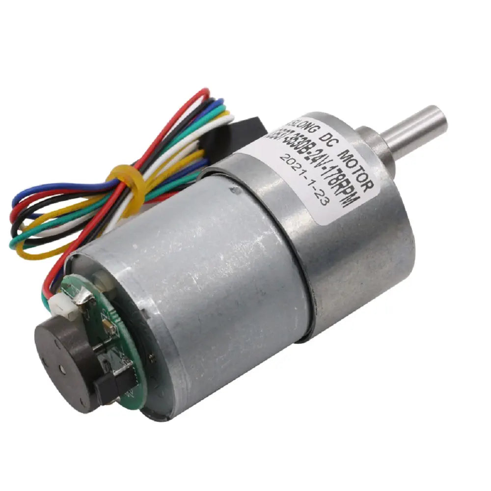 37mm Diameter, 24V, 12RPM Brushed Geared Motor w/ Encoder - RobotShop