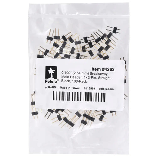 Pololu 0.100″ (2.54mm) Breakaway Male Header: 1×2-Pin, Straight, Black, 100-Pack - RobotShop