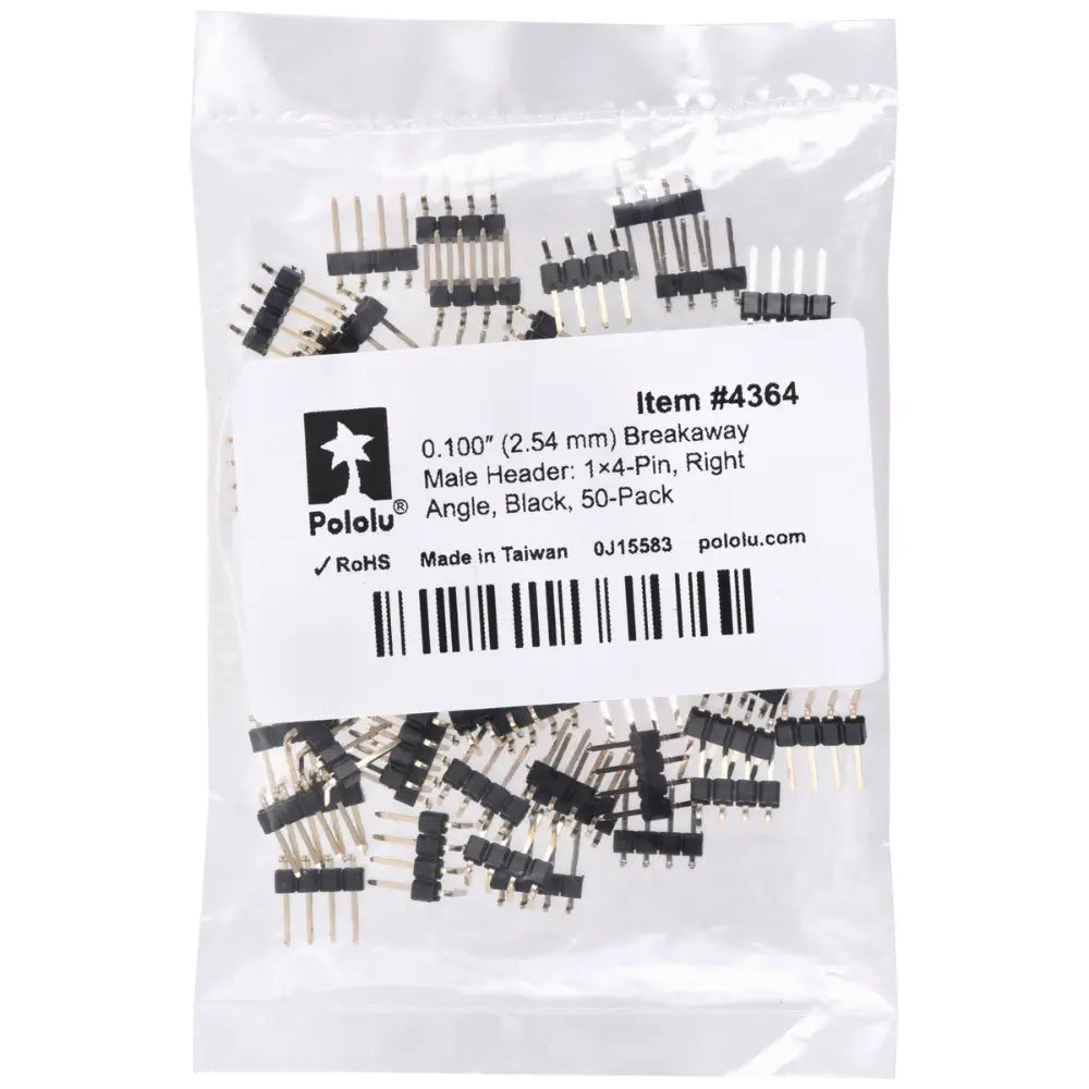 Pololu 0.100″ (2.54mm) Breakaway Male Header: 1×4-Pin, Right Angle, Black, 50-Pack - RobotShop