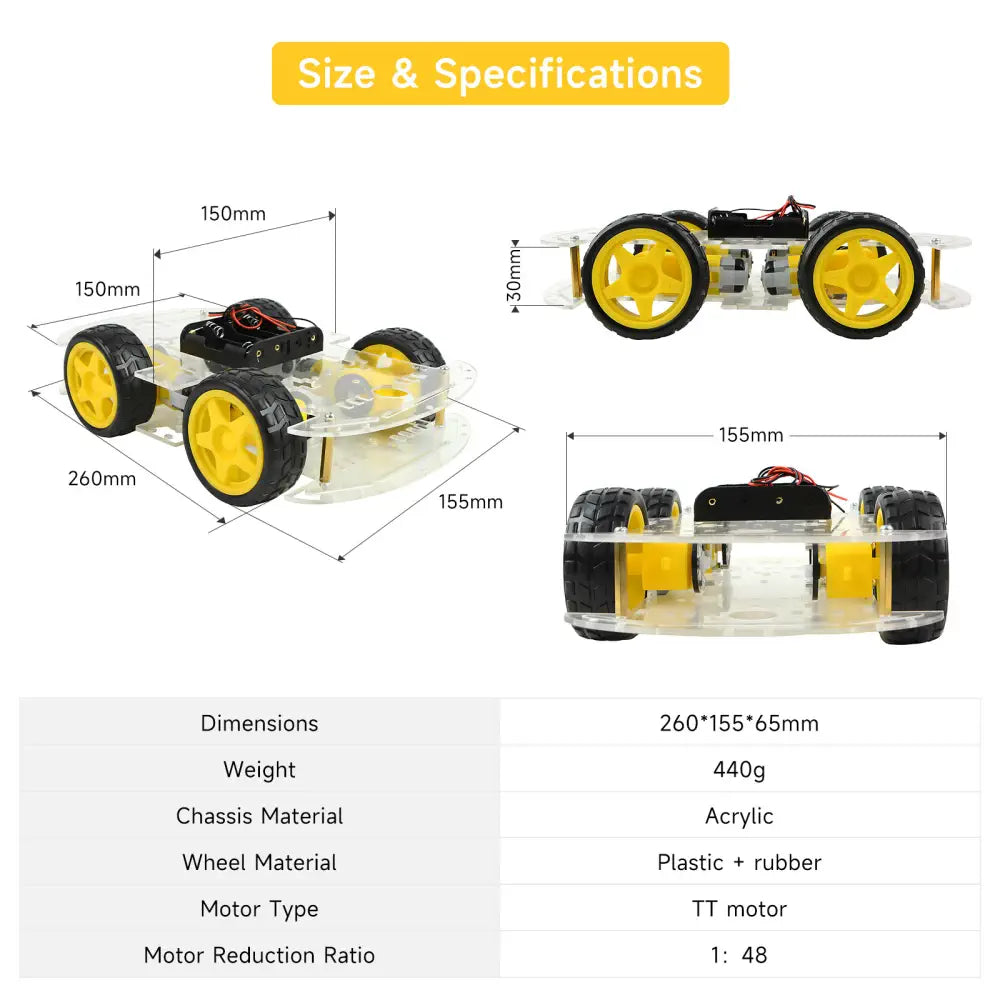 4WD Robot Car Chassis Kit with TT Motor, Battery Box, Acrylic Chassis ...