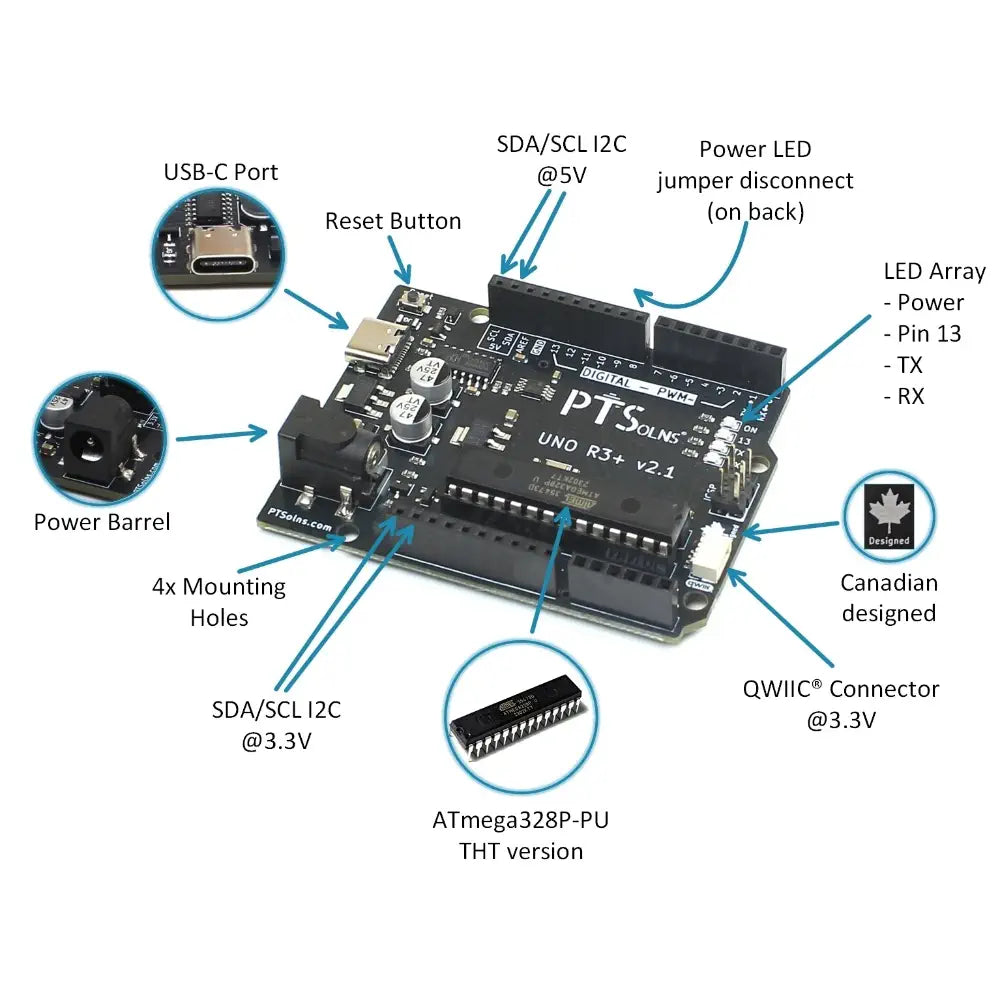 PTSolns UNO R3+ ATmega328P Microcontroller Development Board (Arduino Compatible) - RobotShop