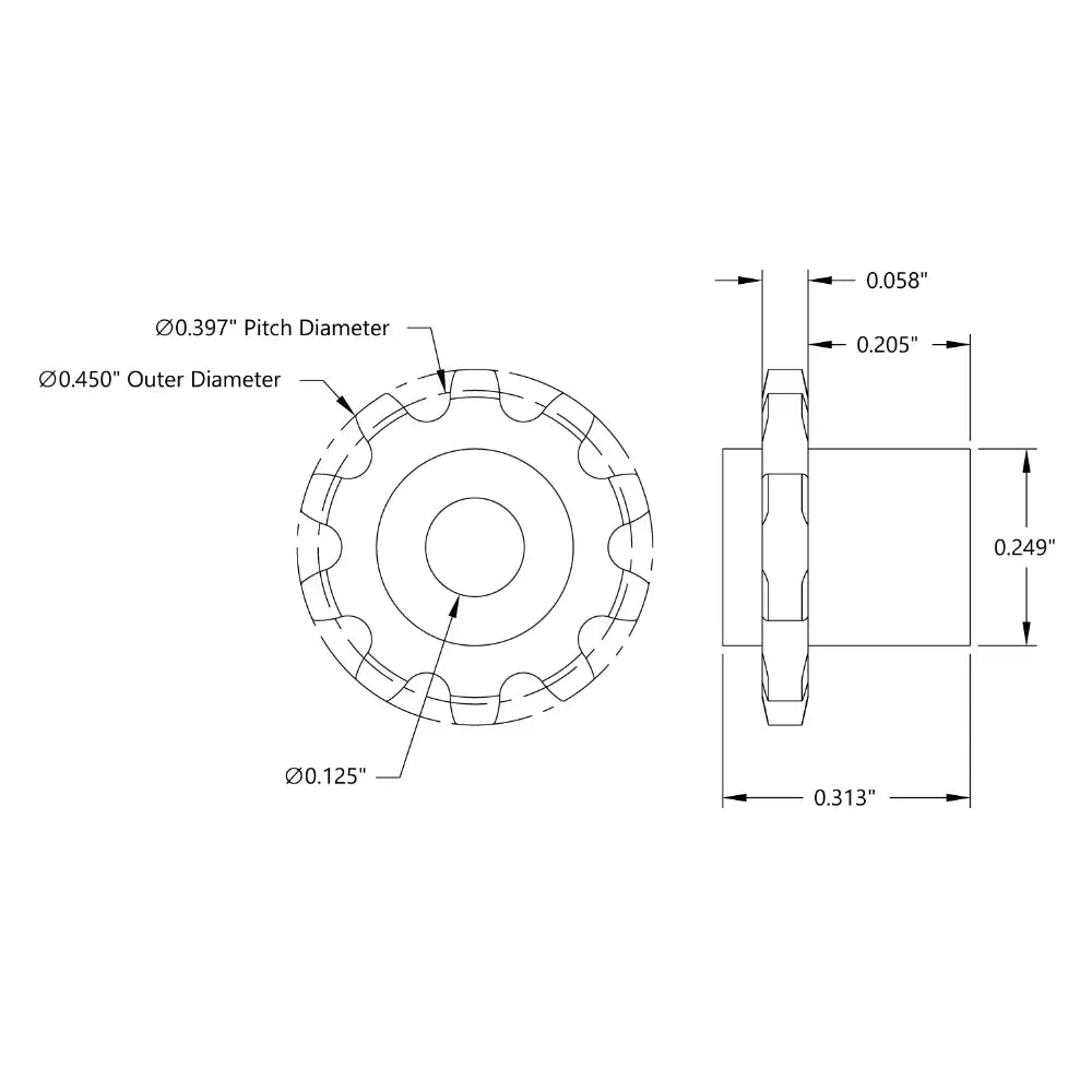 ServoCity 10 Tooth Press Fit Sprocket (0.1227" Pitch, 0.125" Bore ...