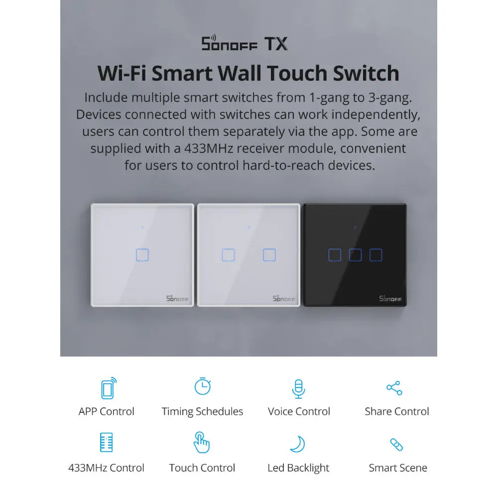 SONOFF TX Series WiFi Wall Switch (T3, US, 3 Gang, Black) - RobotShop